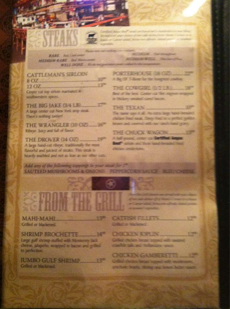 Menu at Cattle Company steakhouse, Beaumont