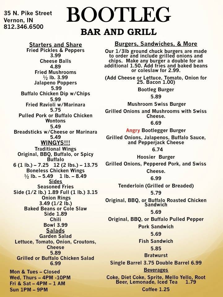 Menu at Bootleg Bar and Grill, Vernon