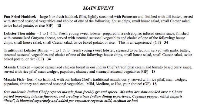 Menu at Rum Runner restaurant, Lunenburg