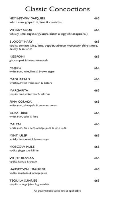 Menu of Diablo, Worli, Mumbai