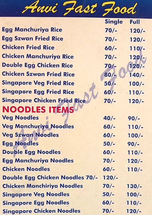 Menu at Anvi fast food, Hyderabad