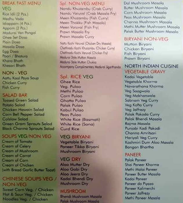 Menu at Madurai Restaurant, Bengaluru, 425
