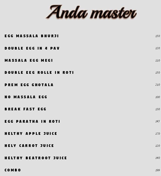 Menu of Anda Master, Near Andheri West Station, Mumbai