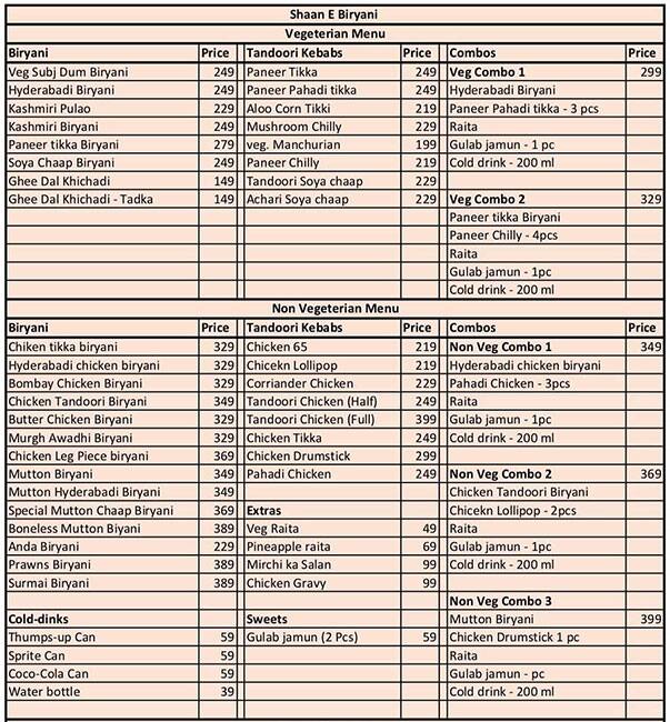 Menu of Shaan-E-Biryani, NIBM Road, Pune