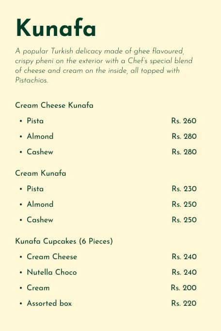 Menu of Kunafa Kingdom, Kompally, Hyderabad