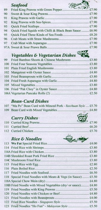 Menu at Wo Fat restaurant, Loughton, 270-272 High Rd