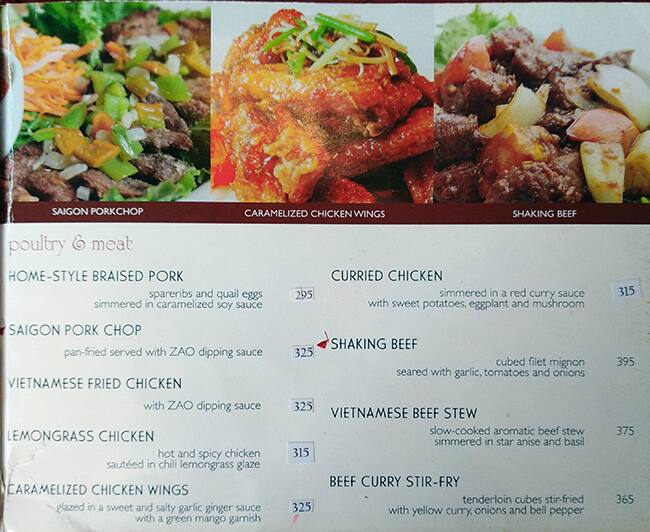 Menu at Zao restaurant, San Juan