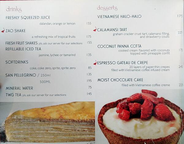 Menu at Zao restaurant, San Juan