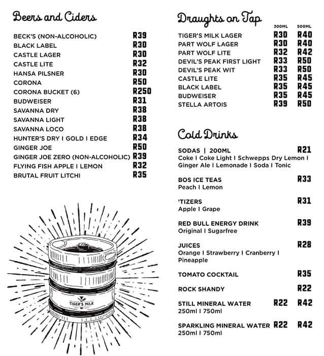 Menu at Tiger's Milk Village Square restaurant, Cape Town, Shop 8 ...
