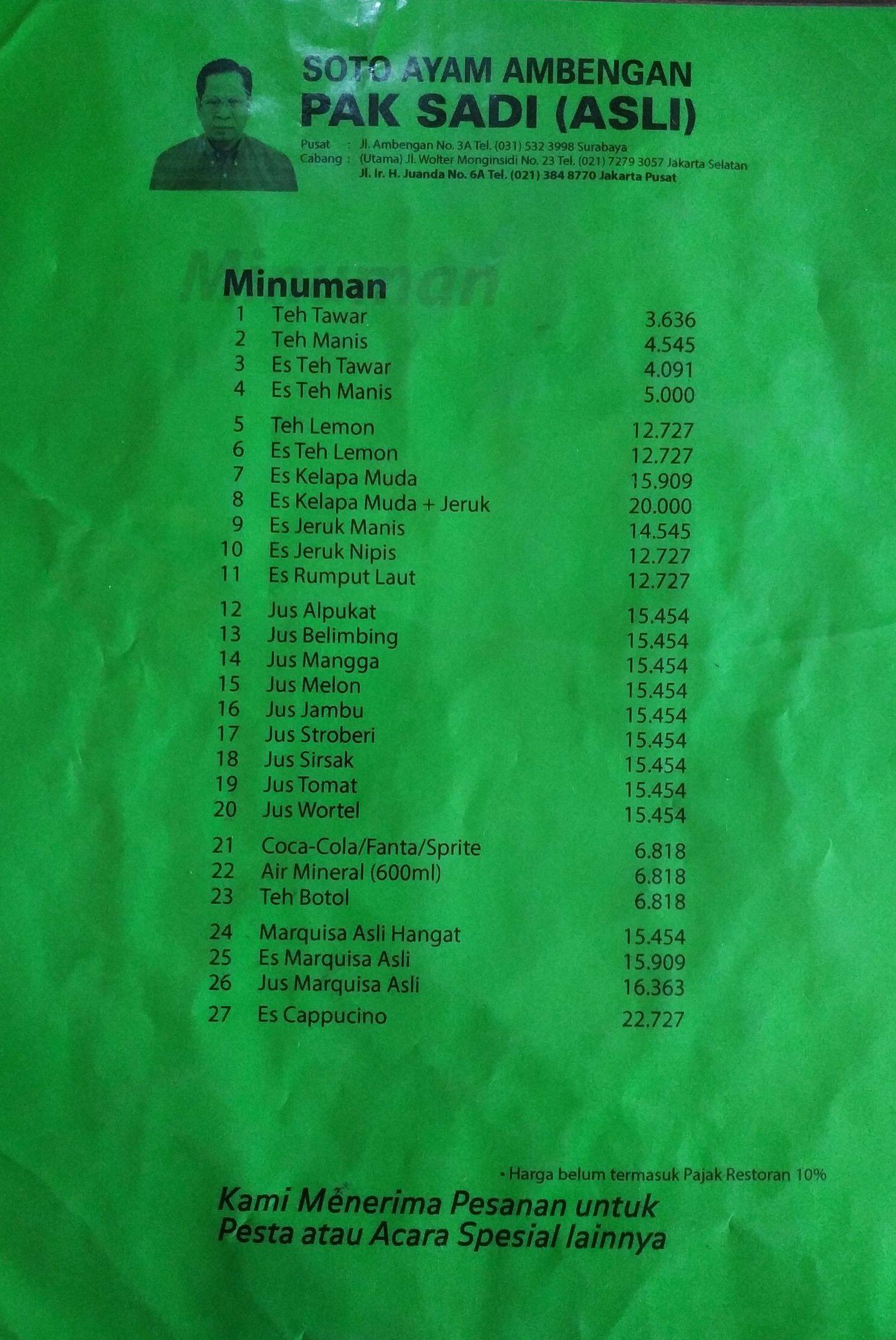 Carta del restaurante Soto Ayam Ambengan Pak Sadi Asli, South Jakarta ...