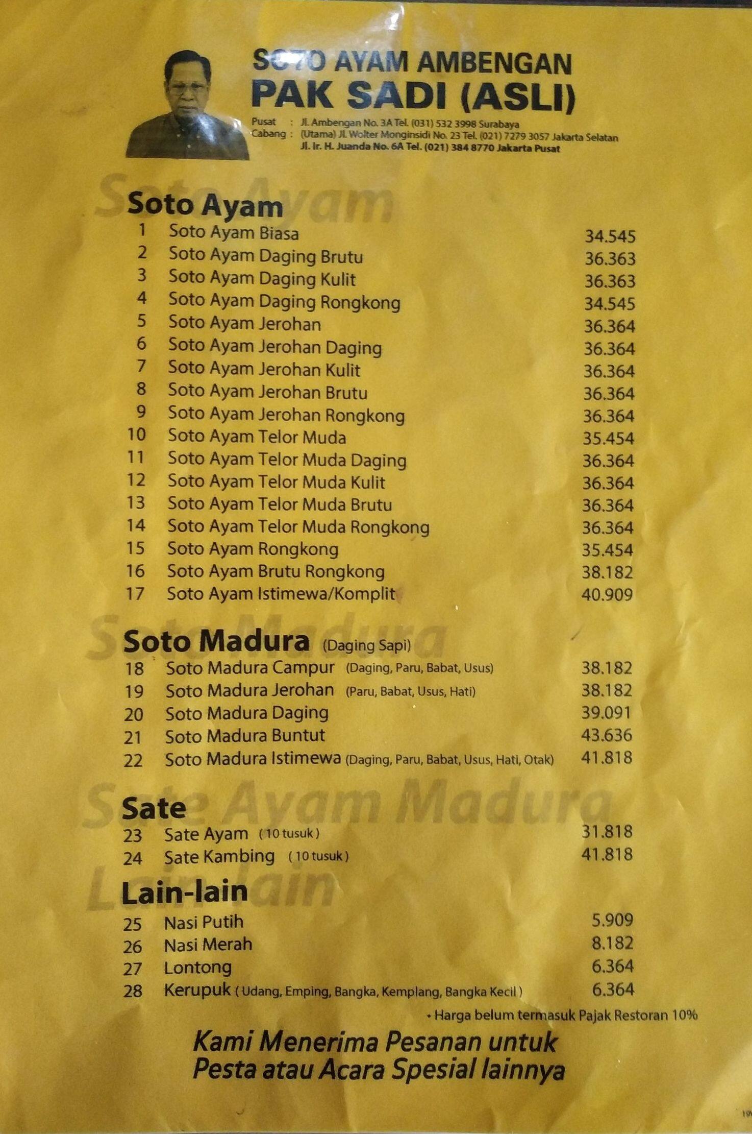Carta del restaurante Soto Ayam Ambengan Pak Sadi Asli, South Jakarta ...
