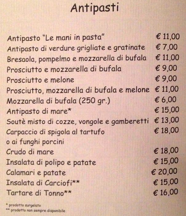 Menu at Ristorante le Mani in Pasta, Rome, Via dei Genovesi