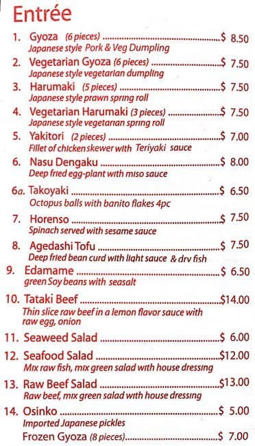 Menu at WaFu Japanese Restaurant, Camberwell