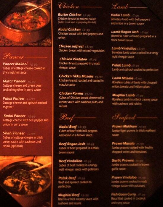 Menu at Indian Fusion restaurant, Edmonton, 111 St NW
