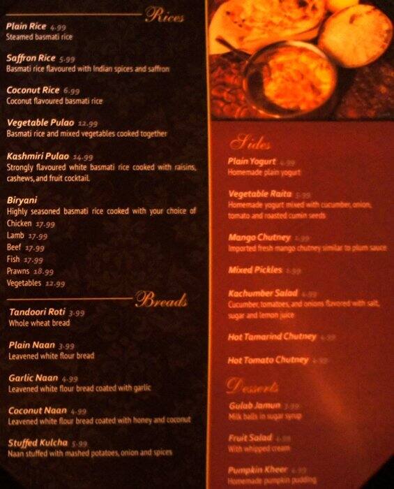 Menu at Indian Fusion restaurant, Edmonton, 111 St NW