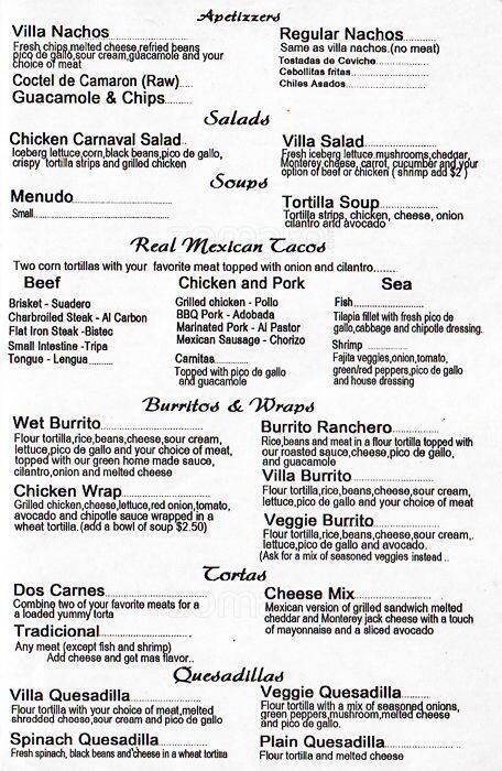 Menu at Los Bigotes De Villa restaurant, Tukwila