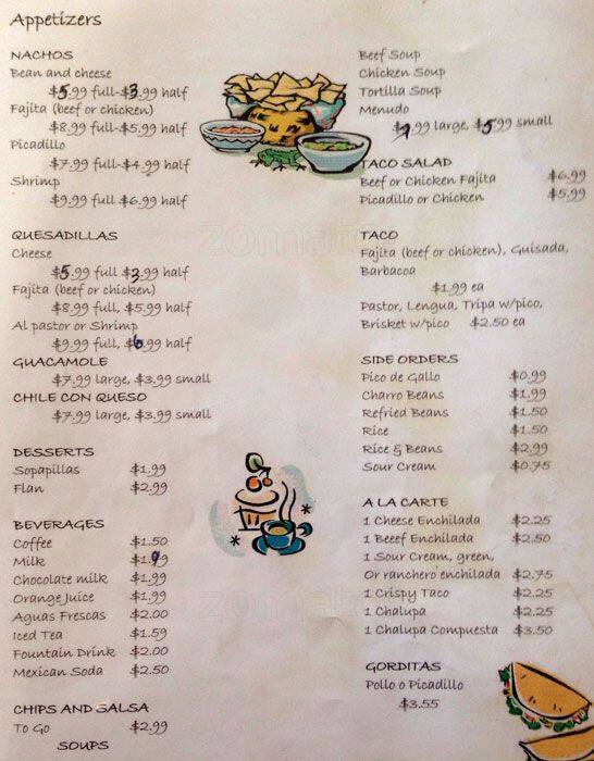 Menu at Los Vega restaurant, San Marcos