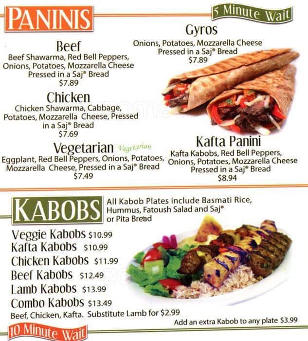 Menu at Saj Fresh Grill restaurant, Aurora, S Parker Rd