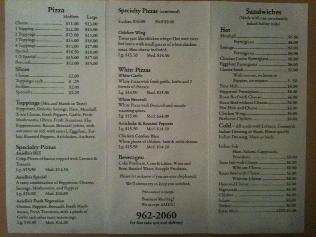 Menu at Aniello's Pizzeria, Corning