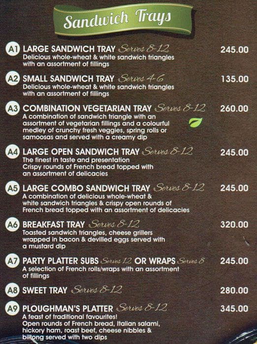 Menu at The Sandwich Shop restaurant, Bloemfontein