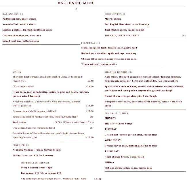 Menu at One Canada Square Restaurant and Bar, London