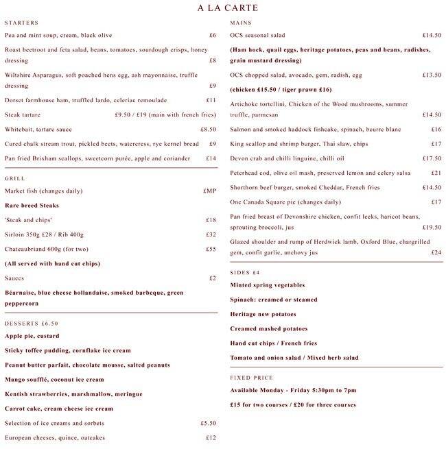 Menu at One Canada Square Restaurant and Bar, London
