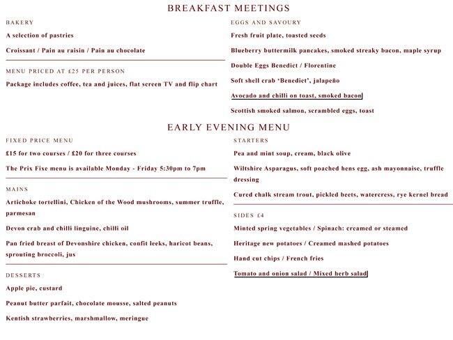 Menu at One Canada Square Restaurant and Bar, London