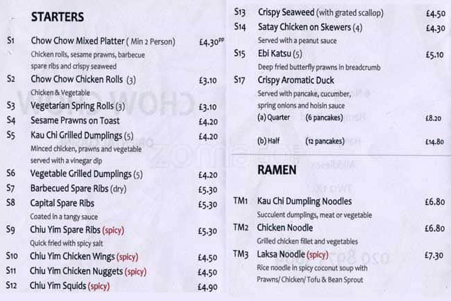 Chow Chow a London: Foto del Menu con Prezzi - Zomato UK