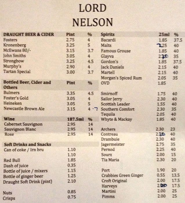 Menu at Lord Nelson pub & bar, Edinburgh, 8 Trafalgar Street Midlothian