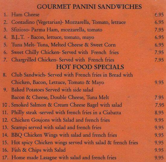 Menu at Café Vivaldi cafe, Dublin