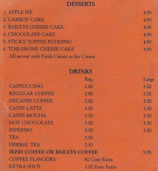 Menu at Café Vivaldi cafe, Dublin