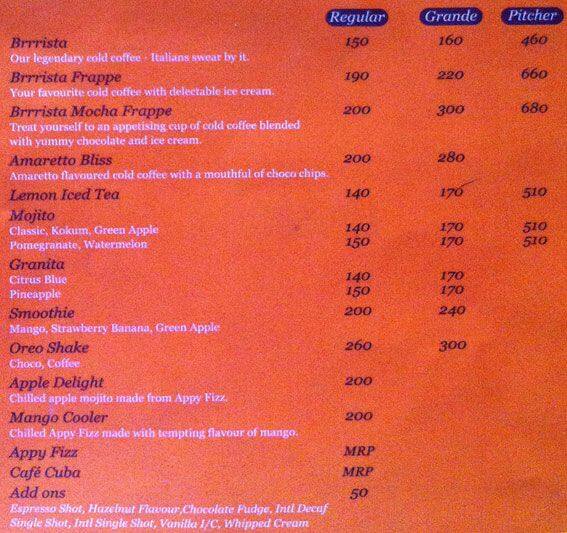 Menu at Barista, Hyderabad, 7-1-209