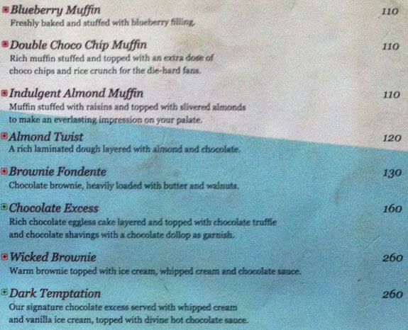 Menu at Barista, Hyderabad, 7-1-209