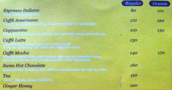 Menu at Barista, Hyderabad, 7-1-209