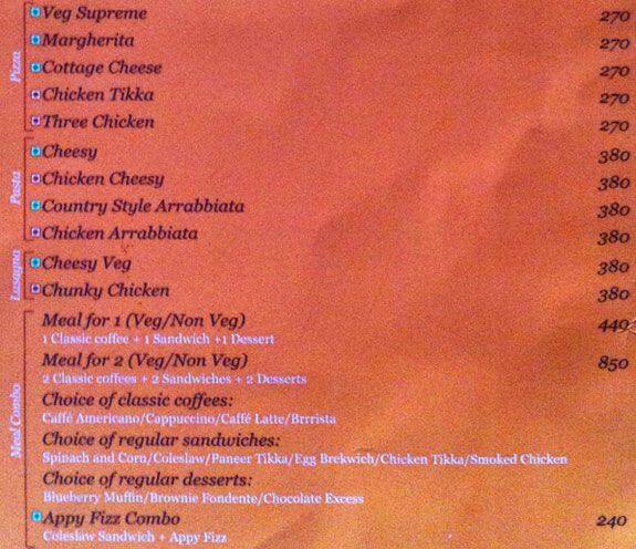 Menu at Barista, Hyderabad, 7-1-209