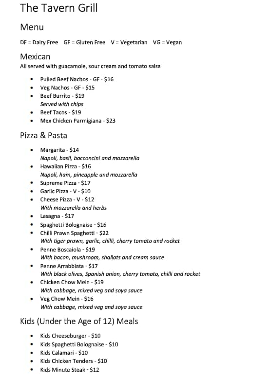 Menu at Engadine Tavern pub & bar, Engadine