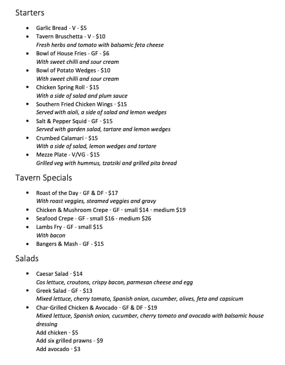 Menu at Engadine Tavern pub & bar, Engadine