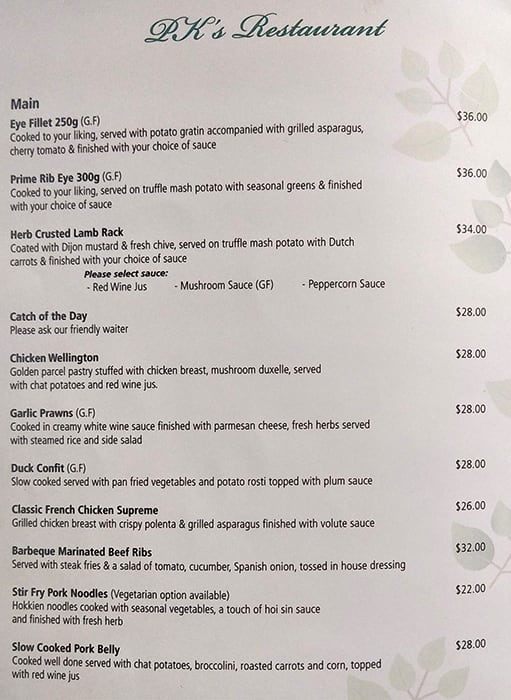 Menu at PK's Restaurant, Westmeadows
