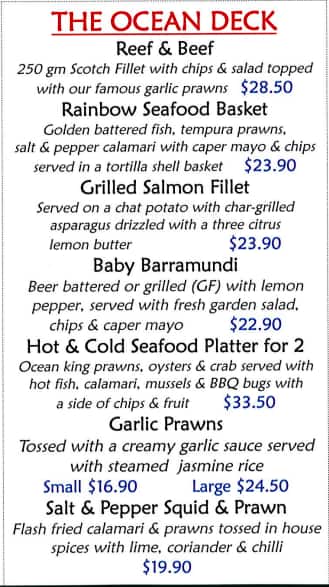 Menu at Rainbow Bay Surf Club Bar, Coolangatta, 2 Snapper Rocks Rd