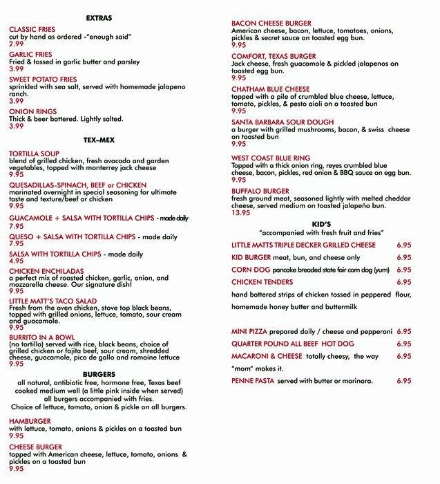 Menu at Little Matt's restaurant, West University Place