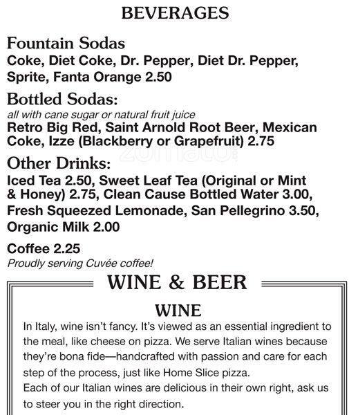 Menu at Home Slice Pizza restaurant, Austin, S Congress Ave