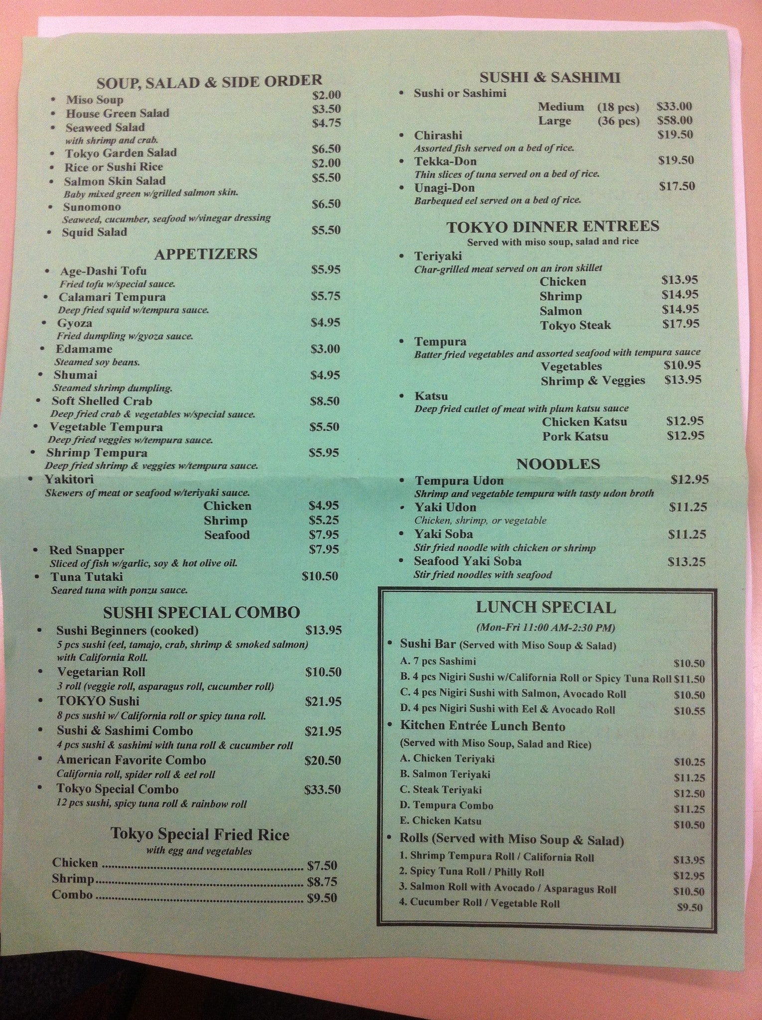 Menu at Tokyo Sushi restaurant, Sunset Hills