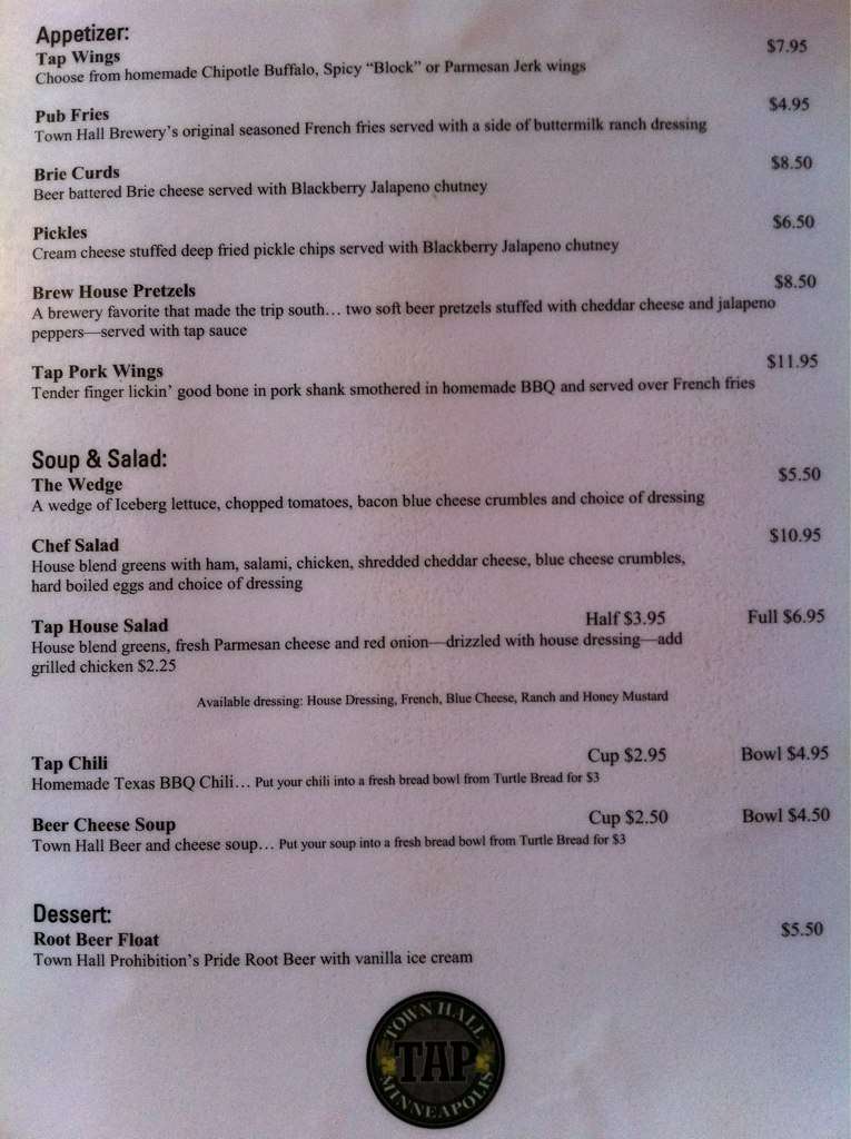 Town Hall Tap Menu, Menu for Town Hall Tap, South Minneapolis, Twin ...