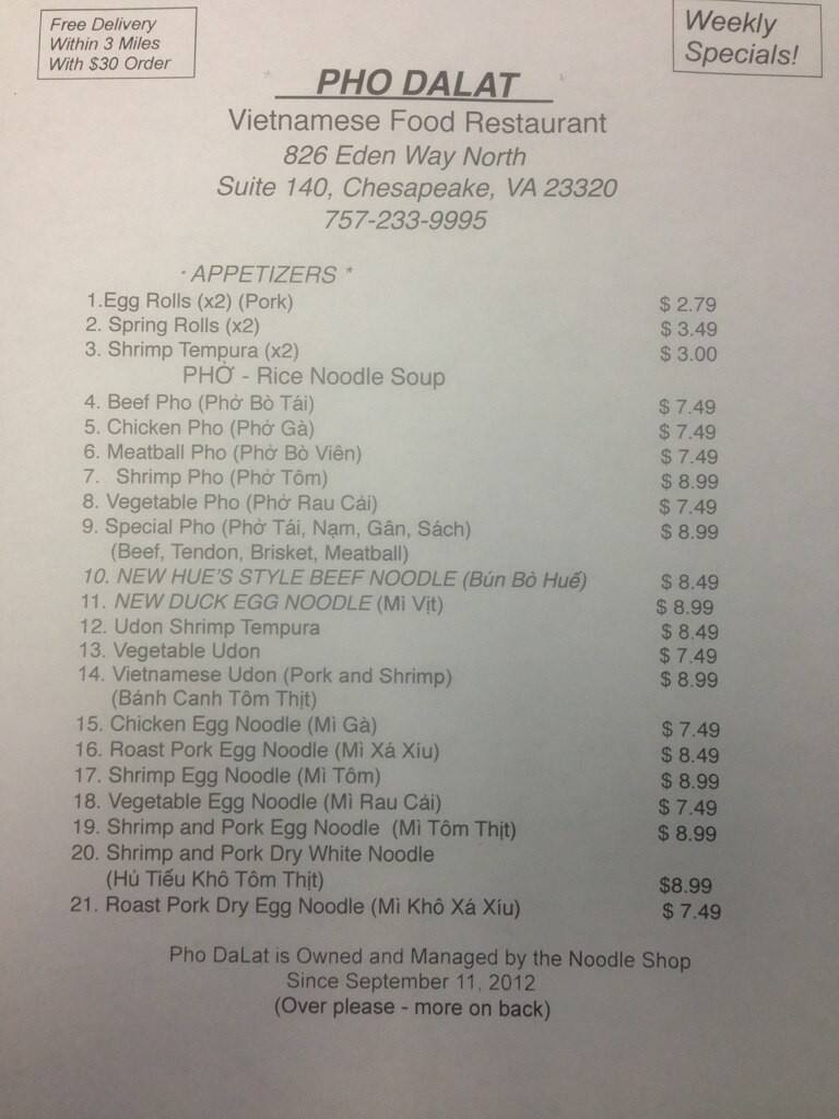 Menu at Pho Dalat restaurant, Chesapeake