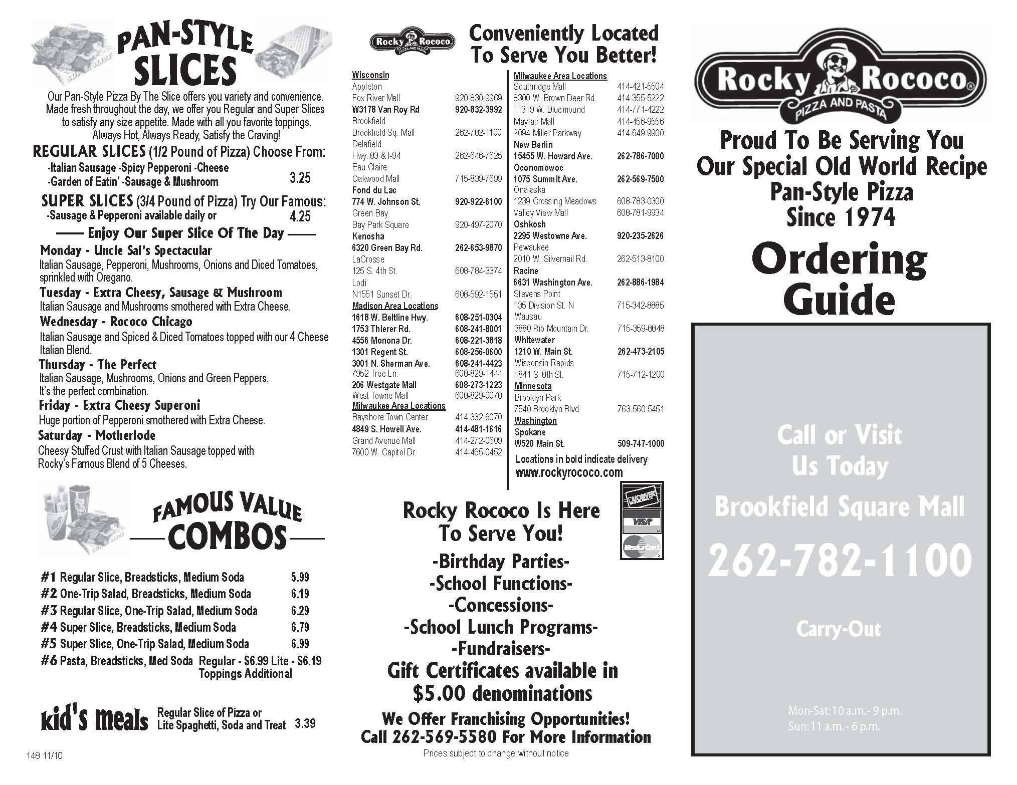 Rocky Rococo Menu, Menu for Rocky Rococo, Brookfield, Milwaukee ...