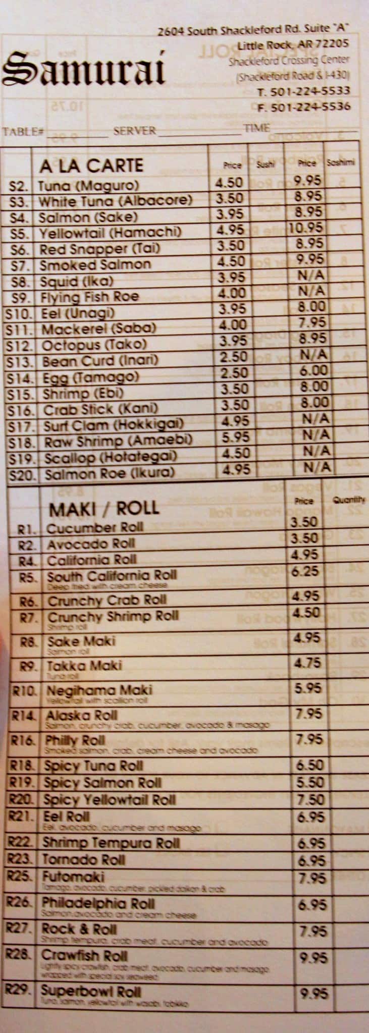 Menu at Samurai Japanese Steakhouse & Sushi Bar, Little Rock