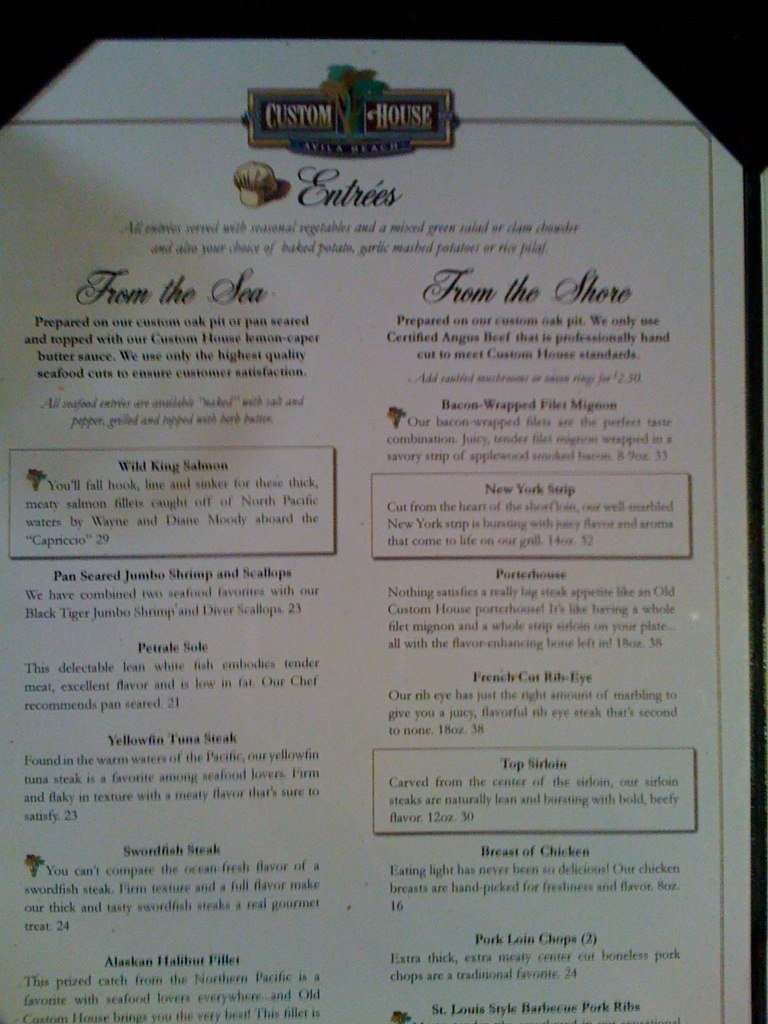 Menu at Custom House restaurant, Avila Beach
