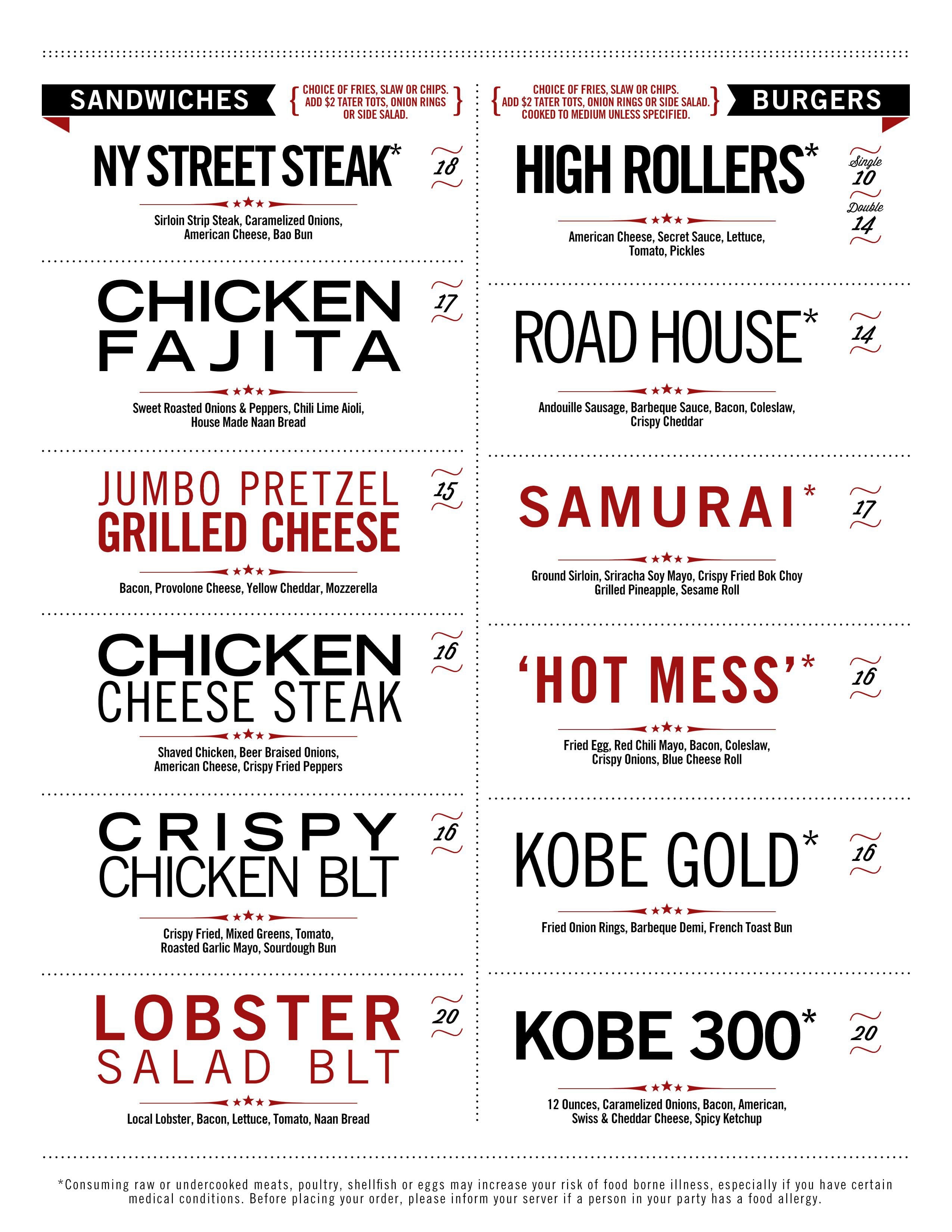 Menu at High Rollers Luxury Lanes & Sports Lounge pub & bar, Ledyard