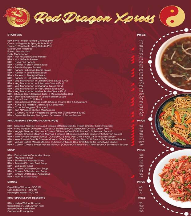 Menu at RDX (Red Dragon Xpress), Mumbai