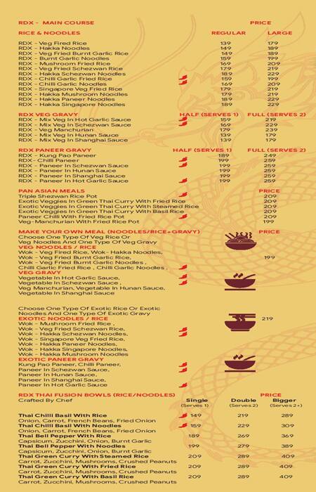 Menu at RDX (Red Dragon Xpress), Mumbai
